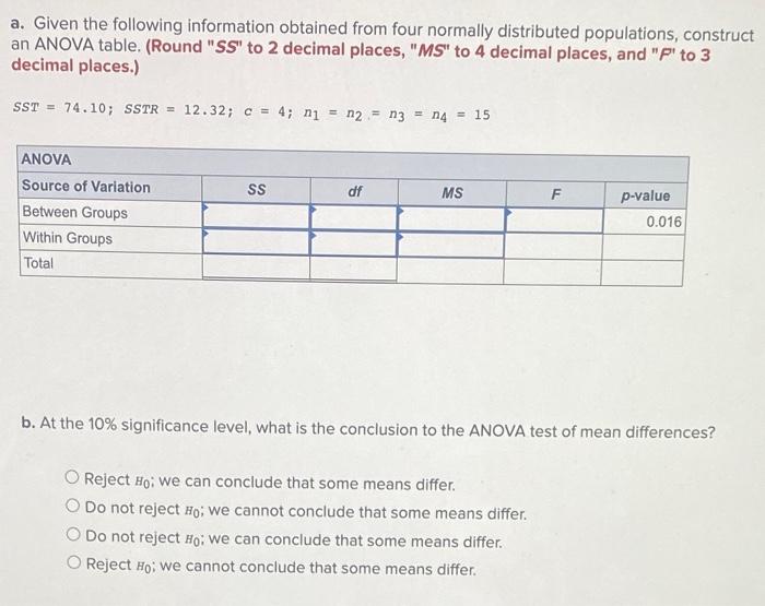 Solved a. Given the following information obtained from four | Chegg.com