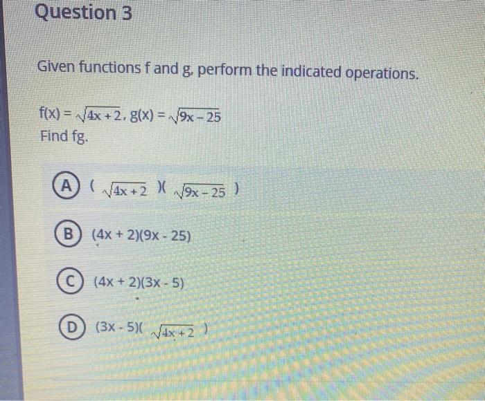 Solved Question 3 Given functions fand g, perform the | Chegg.com