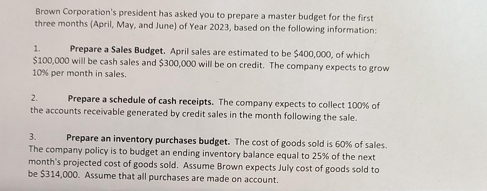 Solved Brown Corporation's president has asked you to | Chegg.com