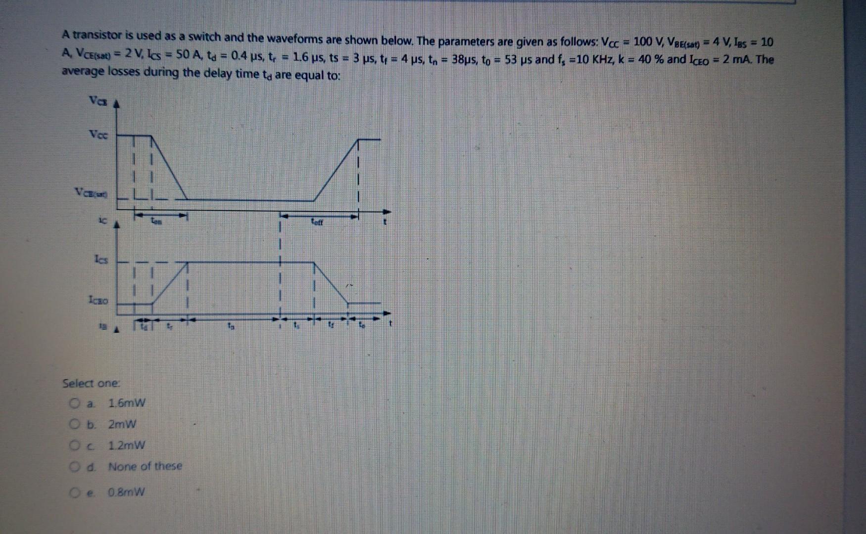 Solved A transistor is used as a switch and the waveforms | Chegg.com