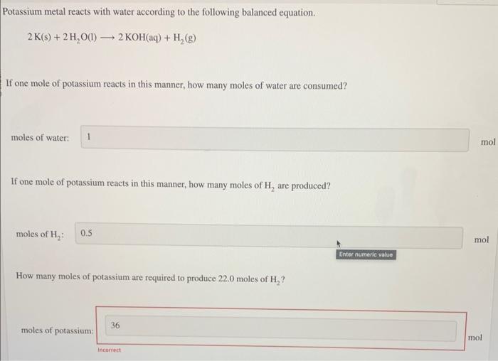 Solved Potassium metal reacts with water according to the | Chegg.com