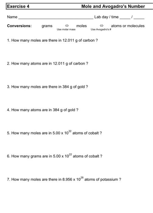 Solved Exercise 4 Mole and Avogadro's Number Name Lab day / | Chegg.com