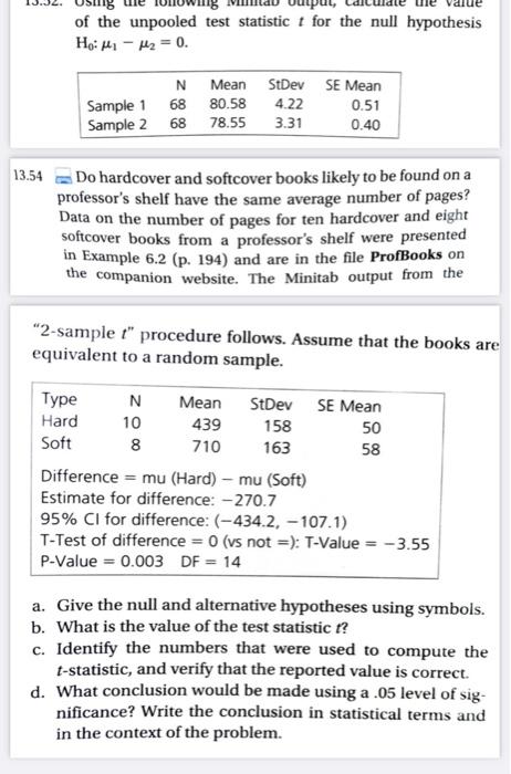 Solved of the unpooled test statistic t for the null | Chegg.com