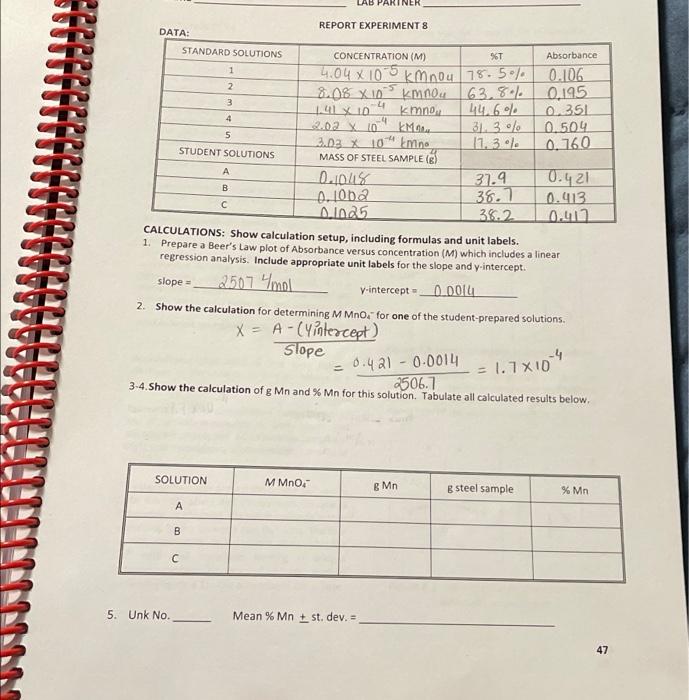 Solved DATA: REPORT EXPERIMENT 8 CALCULATIONS: Show | Chegg.com