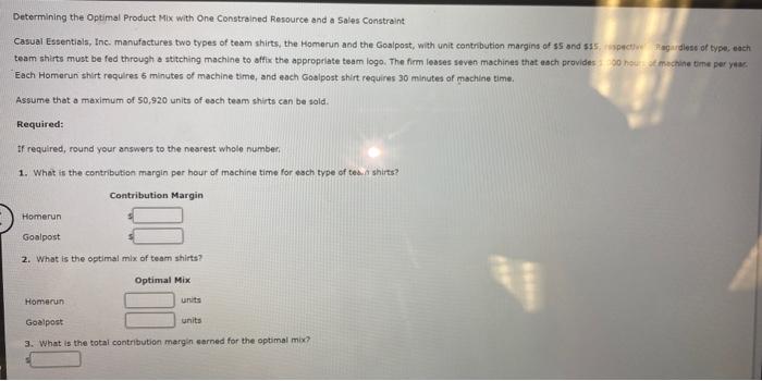 Solved Determining The Optimal Product Mix With One