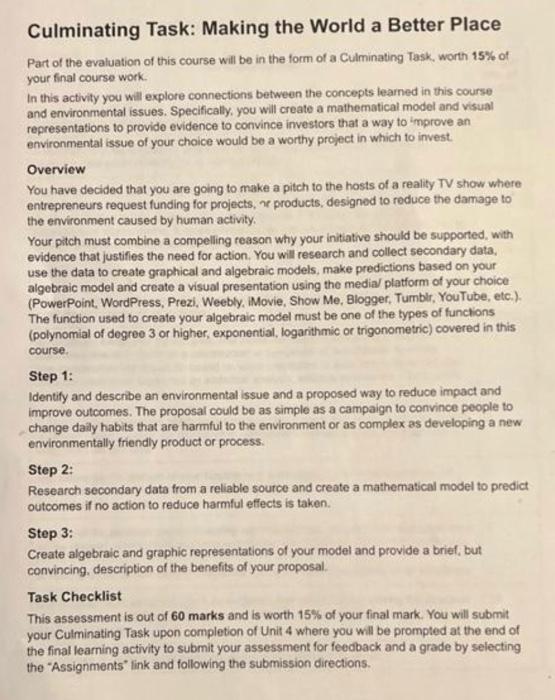 Culminating Task: Making the World a Better Place | Chegg.com