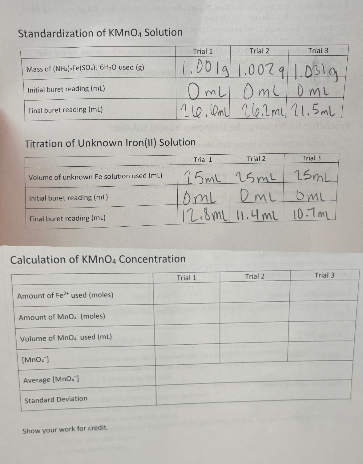 Standardization of KMnO4 ﻿Solution\table[[,Trial | Chegg.com
