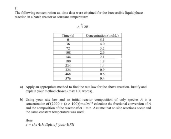 5. The following concentration vs. time data were | Chegg.com