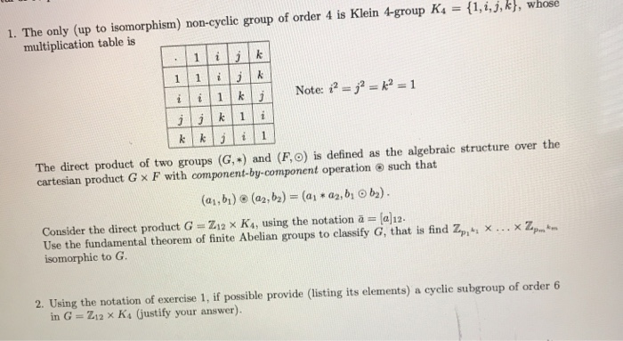 Solved 1. The only (up to isomorphism) non-cyclic group of | Chegg.com