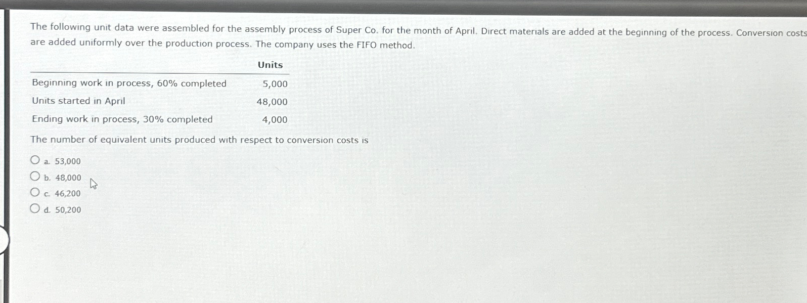 Solved The following unit data were assembled for the | Chegg.com