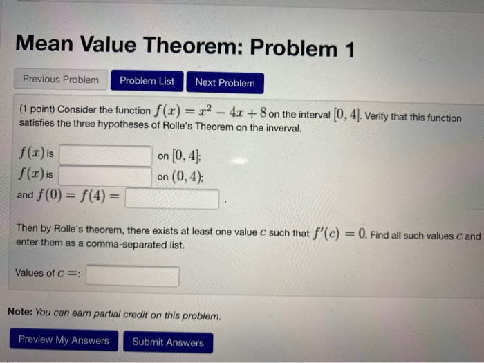 Solved Mean Value Theorem: Problem 1 Previous Problem P | Chegg.com