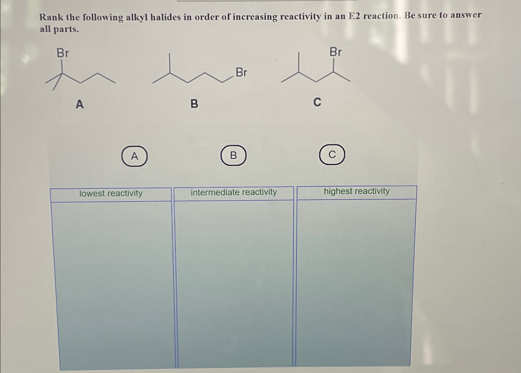 Solved Rank the following alkyl halides in order of | Chegg.com