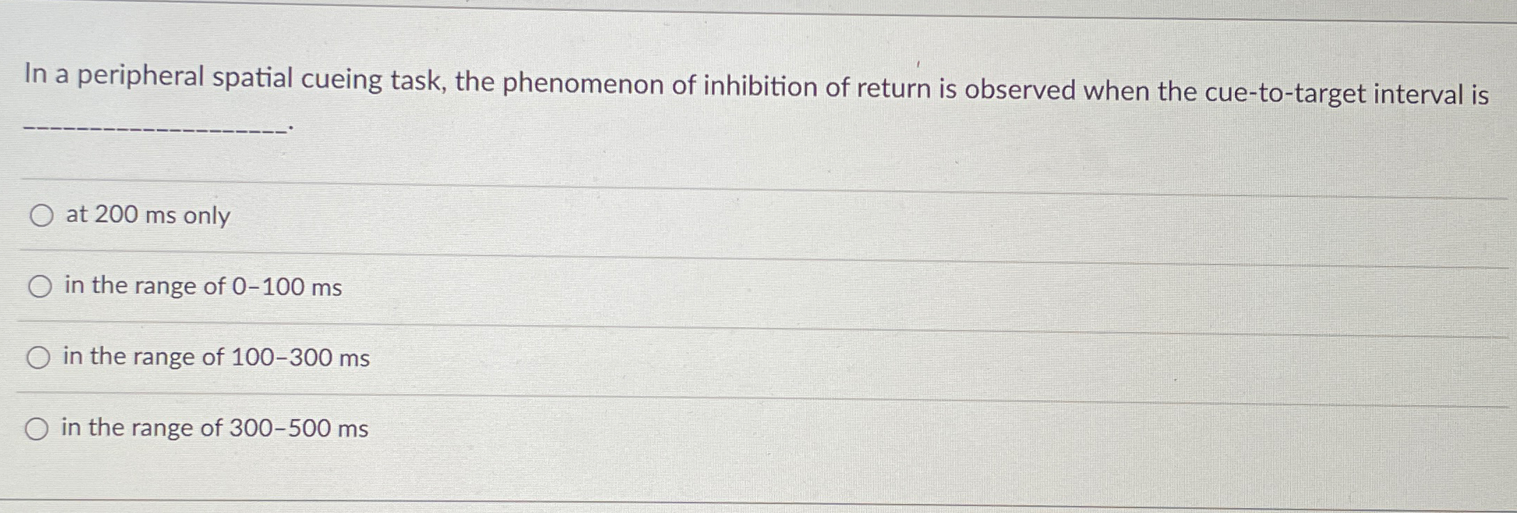 Solved In a peripheral spatial cueing task, the phenomenon | Chegg.com