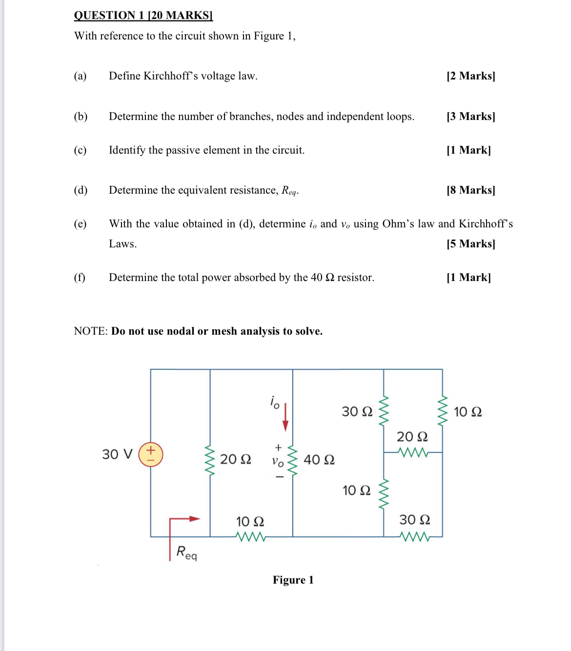 Solved QUESTION 1 [20 ﻿MARKS]With reference to the circuit | Chegg.com