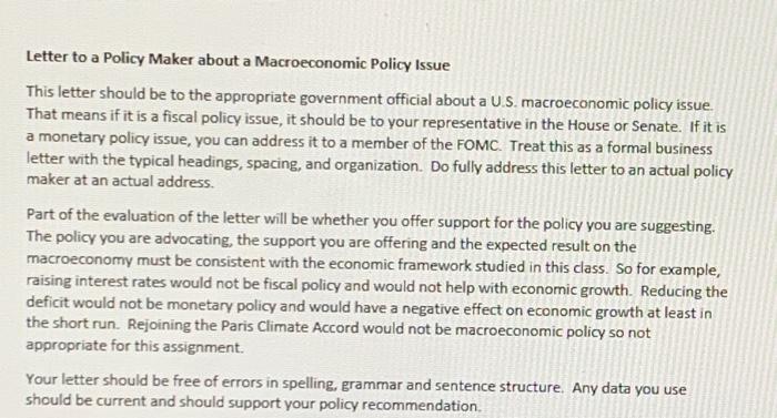 Solved Letter to a Policy Maker about a Macroeconomic Policy | Chegg.com
