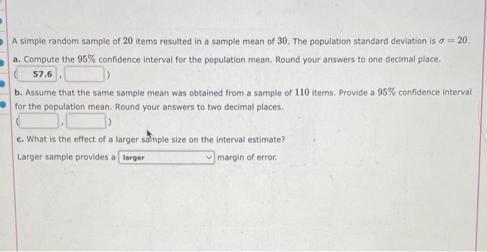 Solved A simple random sample of 20 items resulted in a | Chegg.com