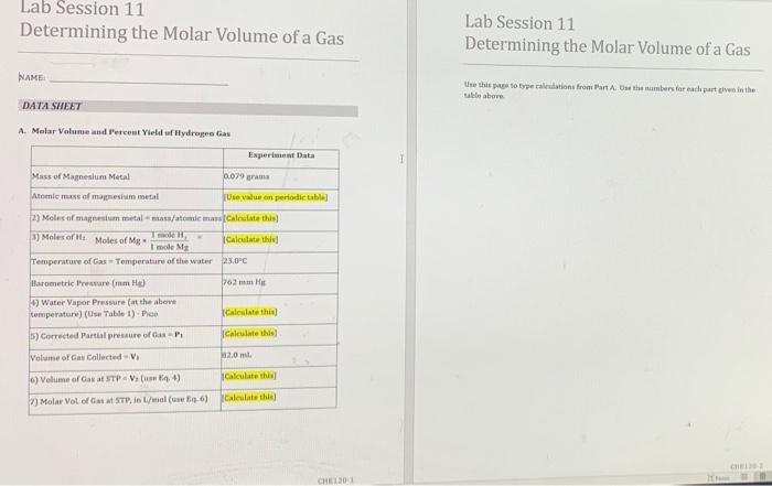 Solved Lab Session 11 Determining the Molar Volume of a Gas | Chegg.com