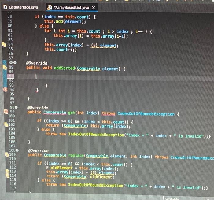 Solved 72 ListInterface.java *ArrayBasedlist.java X 78 if | Chegg.com