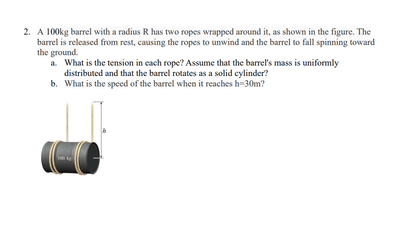 Solved A 100 ﻿kg barrel with a radius R has two ropes | Chegg.com