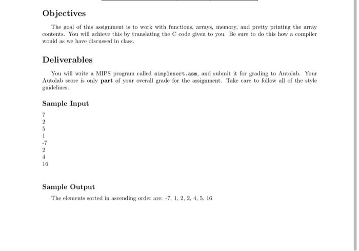 Solved 1 Simple Sort Write a MIPS program that ises an | Chegg.com