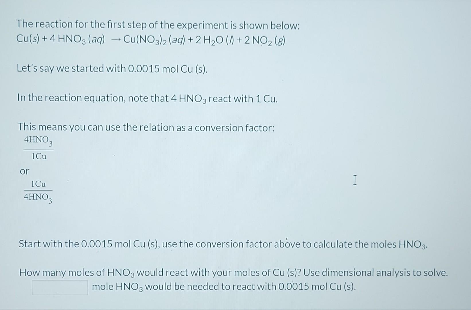 Solved Cu(s)+4HNO3(aq)→Cu(NO3)2(aq)+2H2O(Λ+2NO2(g) Let's say | Chegg.com