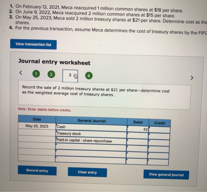 Solved Exercise 18-13 (Algo) Treasury stock; | Chegg.com