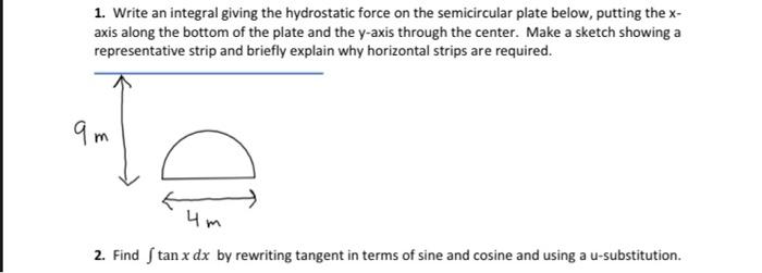 Solved 1. Write an integral giving the hydrostatic force on | Chegg.com
