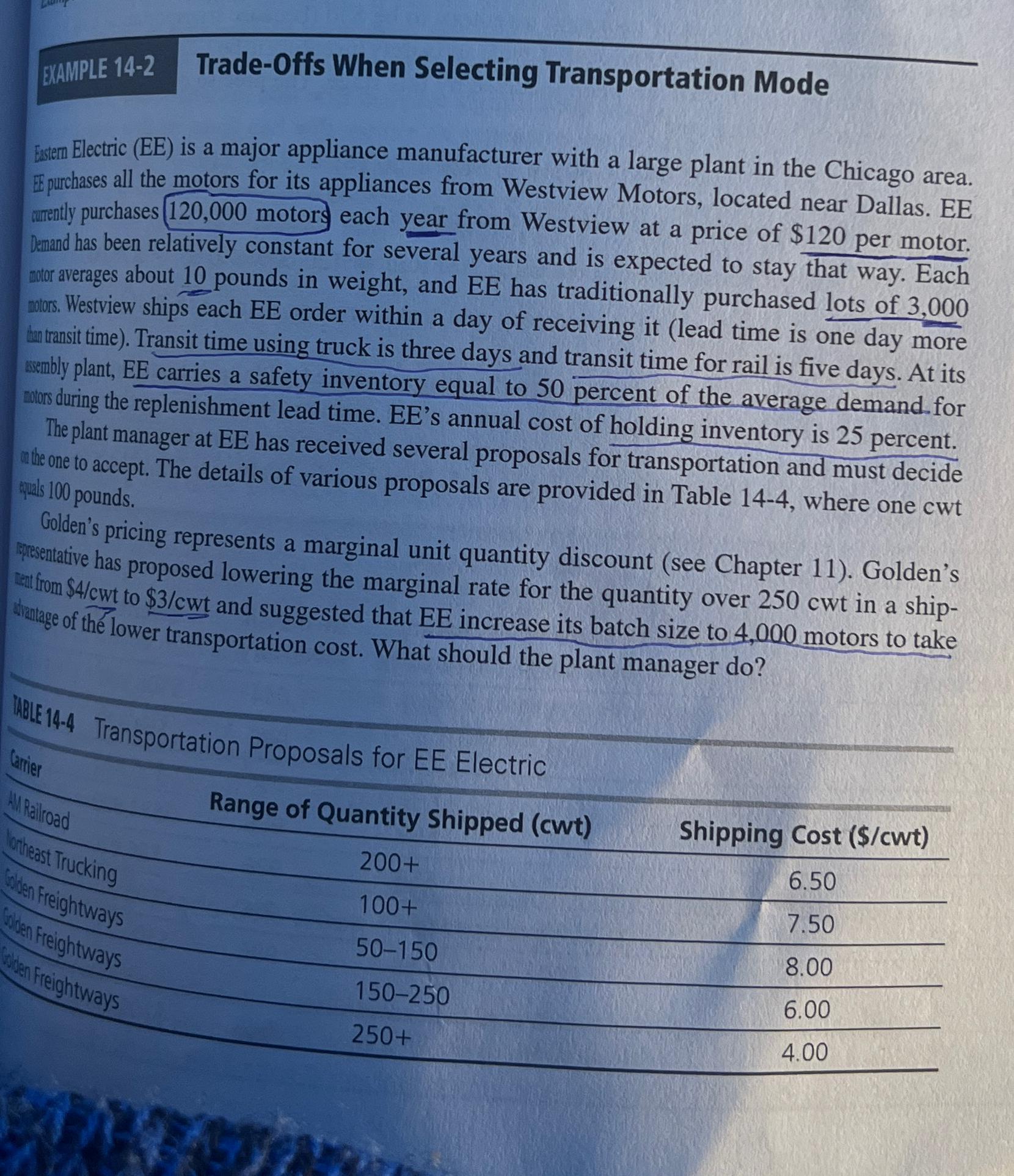 Solved EXAMPLE 14-2Trade-Offs When Selecting Transportation | Chegg.com