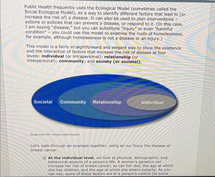 Public Health frequently uses the Ecological Model | Chegg.com