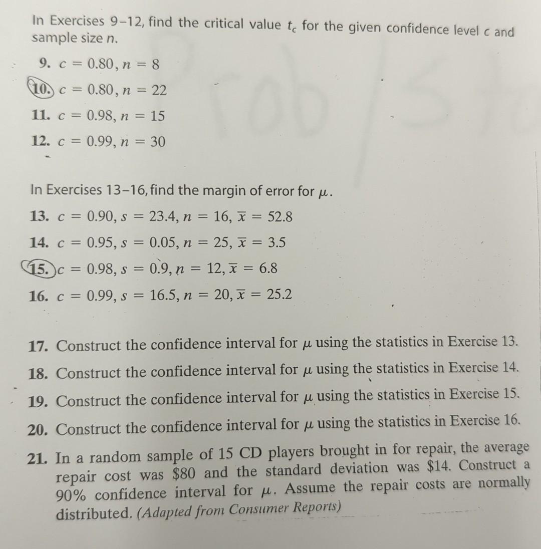 Solved In Exercises 9-12, find the critical value tc for the | Chegg.com