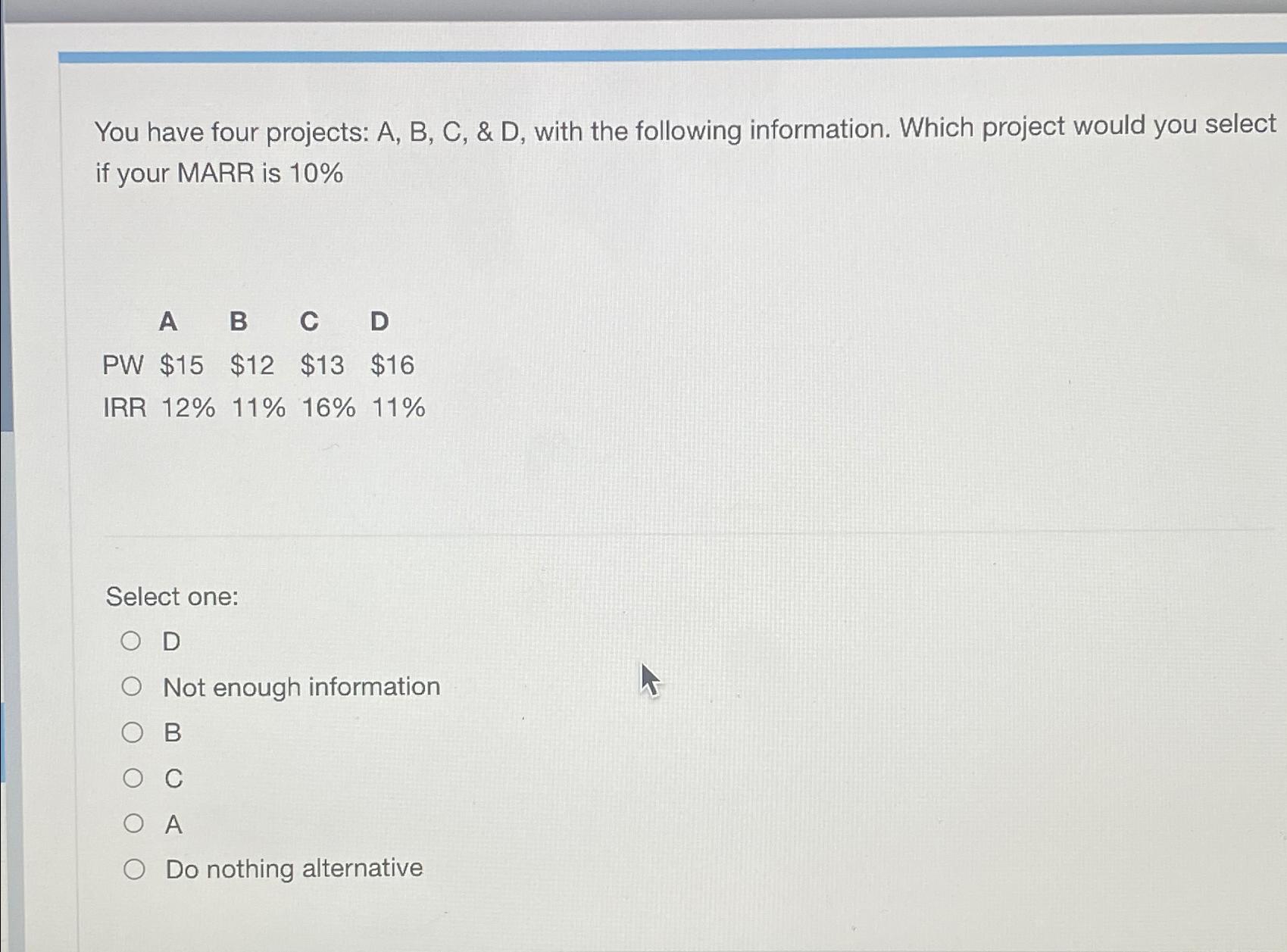 Solved You have four projects: A, ﻿B, ﻿C, ﻿& D, ﻿with the | Chegg.com
