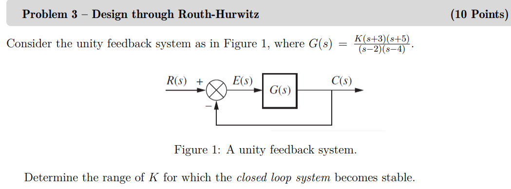 Solved Problem 3 - ﻿Design through Routh-HurwitzConsider the | Chegg.com