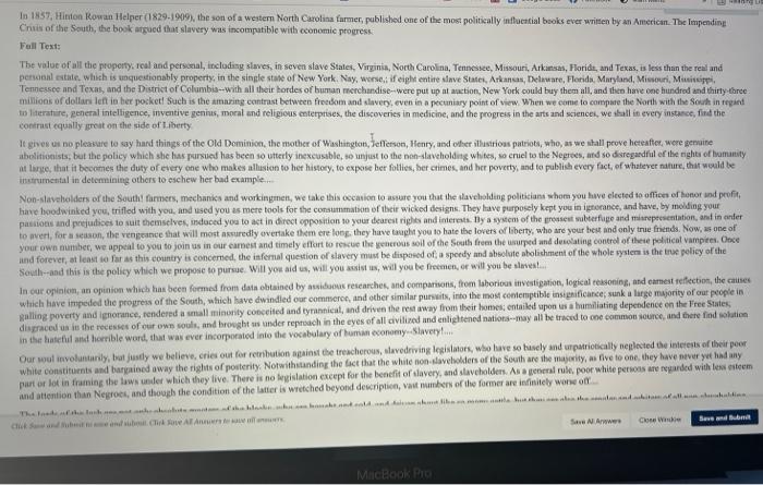 Solved In 1857, Hinton Rowan Helper (1829.1909, the son of a | Chegg.com