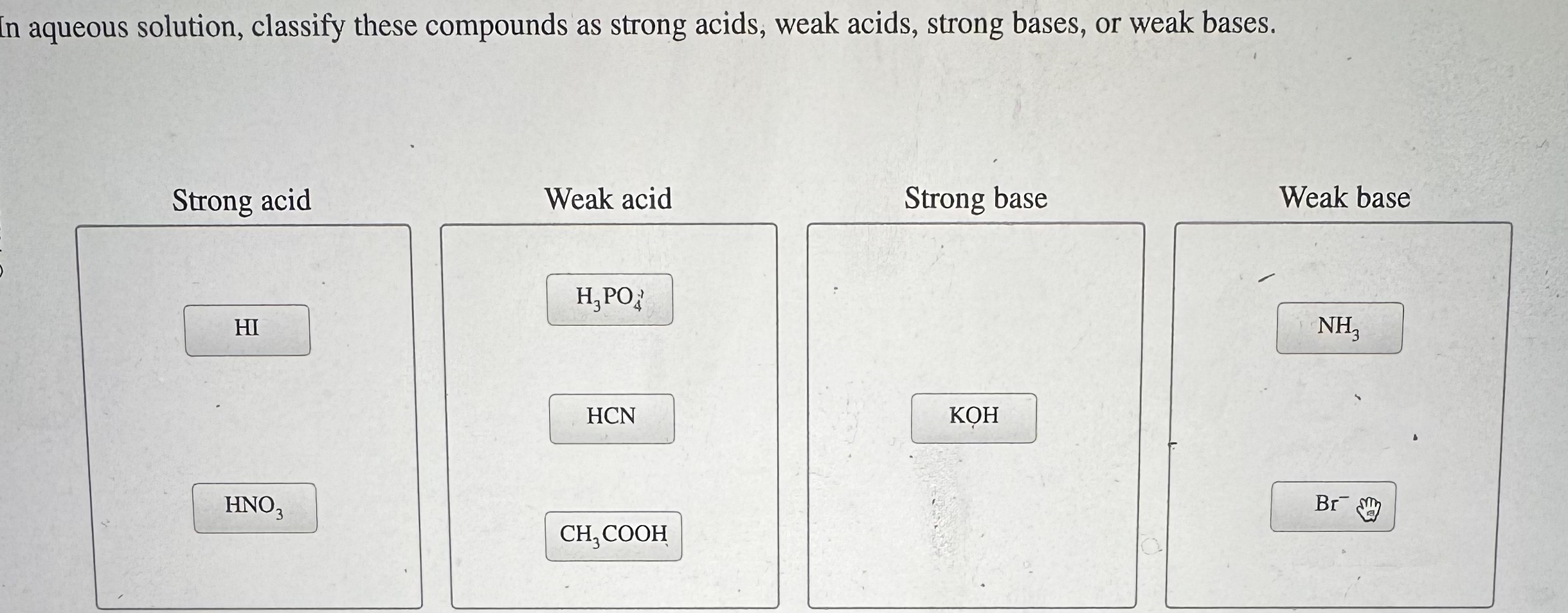 Solved In aqueous solution, classify these compounds as | Chegg.com