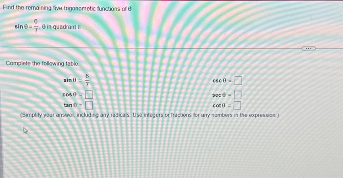 Solved Find the remaining five trigonometic functions of θ. | Chegg.com