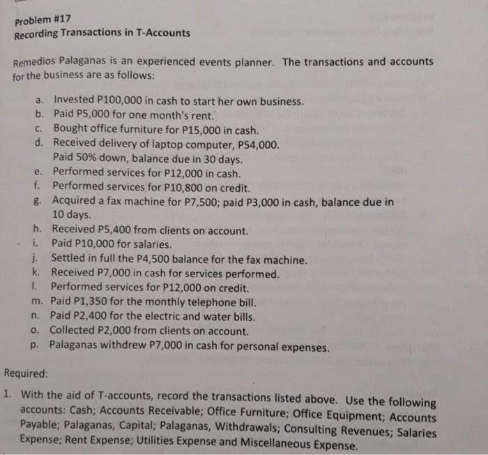 Solved Problem #17 Recording Transactions in T-Accounts | Chegg.com
