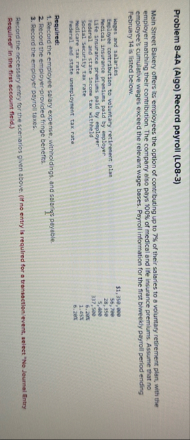 Problem 8-4A (Algo) ﻿Record payroll (LO8-3)Main | Chegg.com