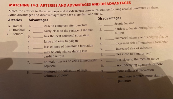 Solved 1. - MATCHING 14-2: ARTERIES AND ADVANTAGES AND | Chegg.com
