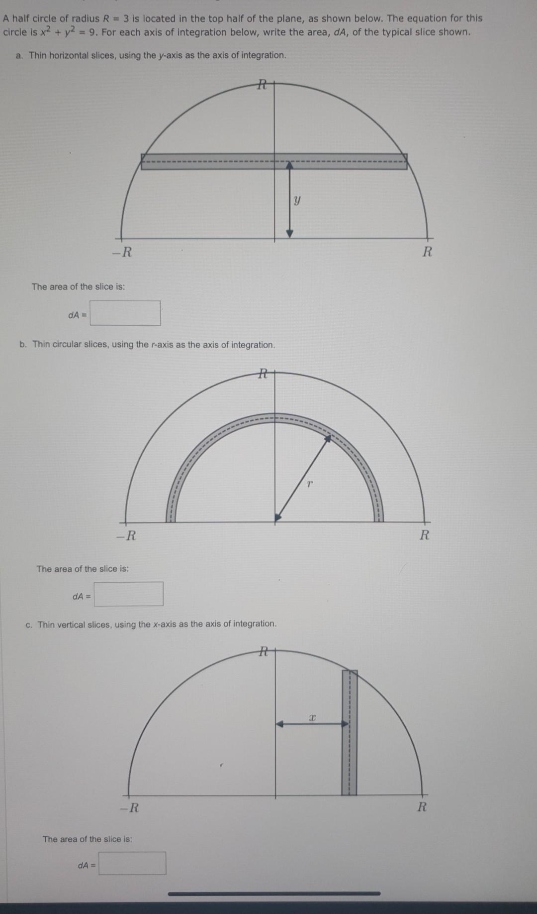 Solved A half circle of radius R = 3 is located in the top | Chegg.com