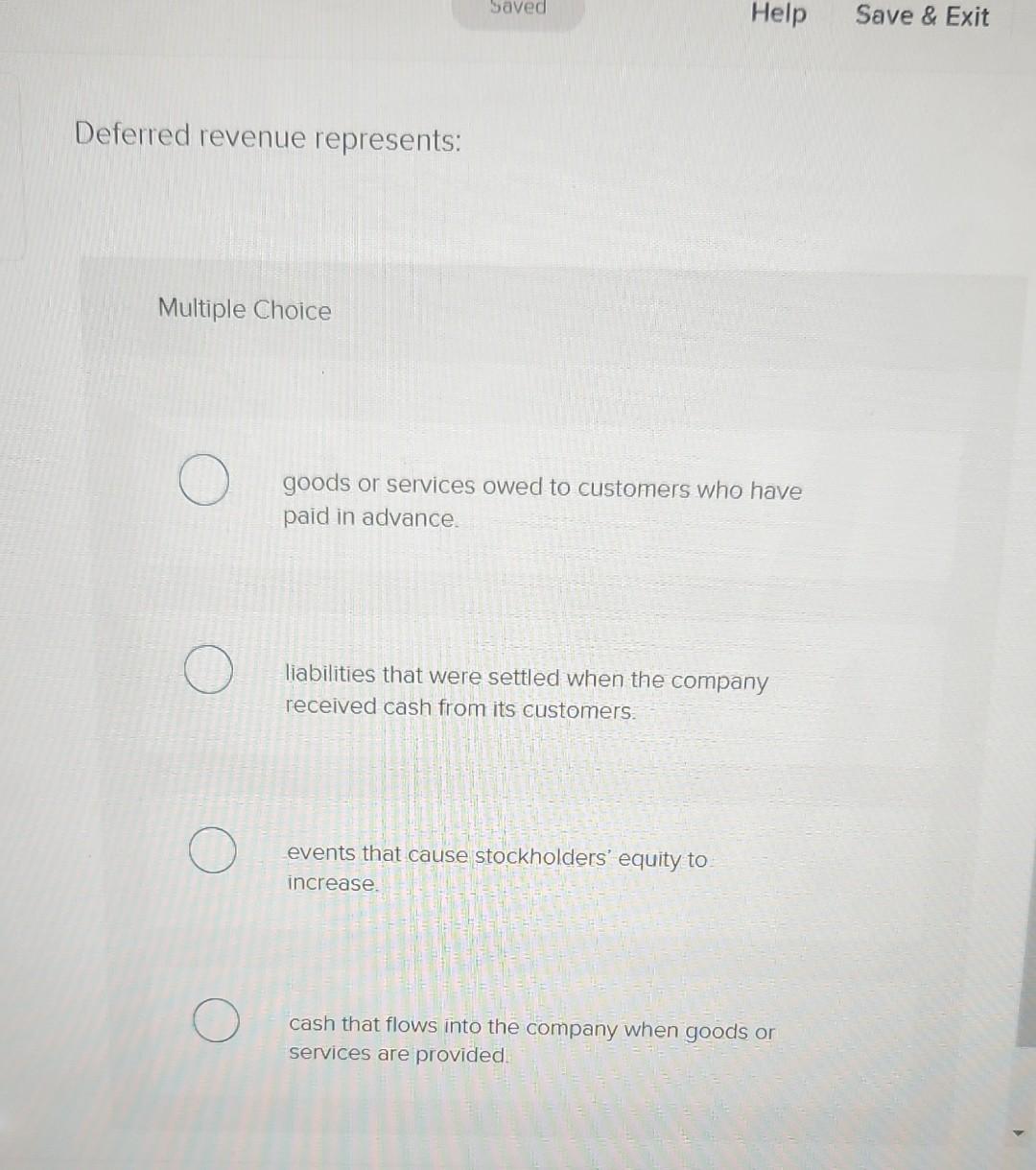 Solved Deferred revenue represents: Multiple Choice goods or | Chegg.com