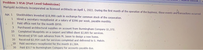 Solved 1 Problem 3-05A (Part Level Submission) Marigold | Chegg.com