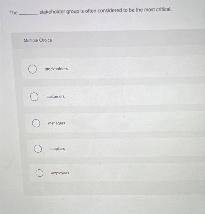 Solved The stakeholder group is often considered to be the | Chegg.com