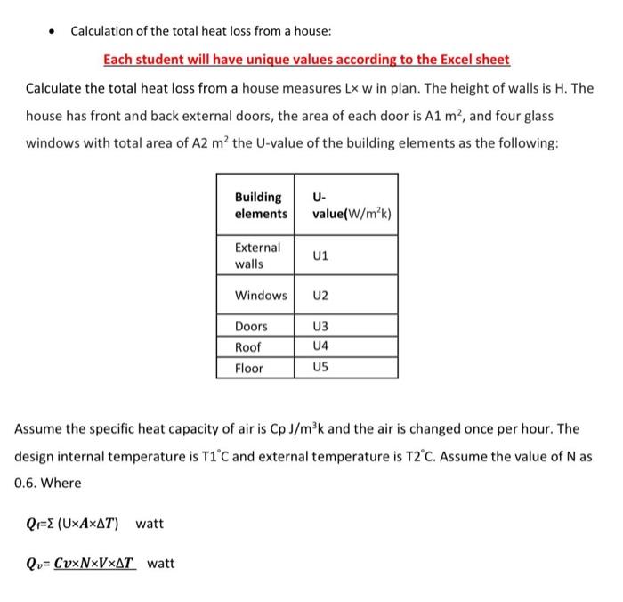 Solved • Calculation of the total heat loss from a house: | Chegg.com