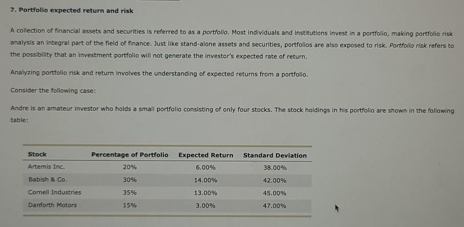 Solved 7. Portfolio expected return and risk A collection of | Chegg.com