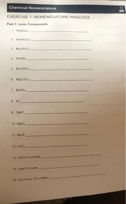 Solved Chemical Nomenclature EXERCISE 1: NOMENCLATURE | Chegg.com