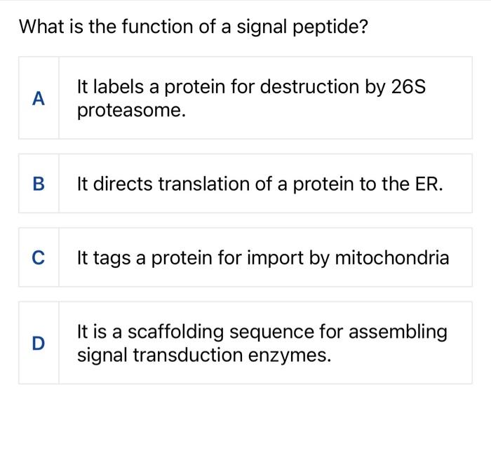 Solved What is the function of a signal peptide? A It labels | Chegg.com