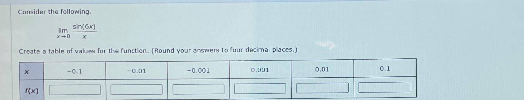 Solved Consider the following.limx→0sin(6x)xCreate a table | Chegg.com