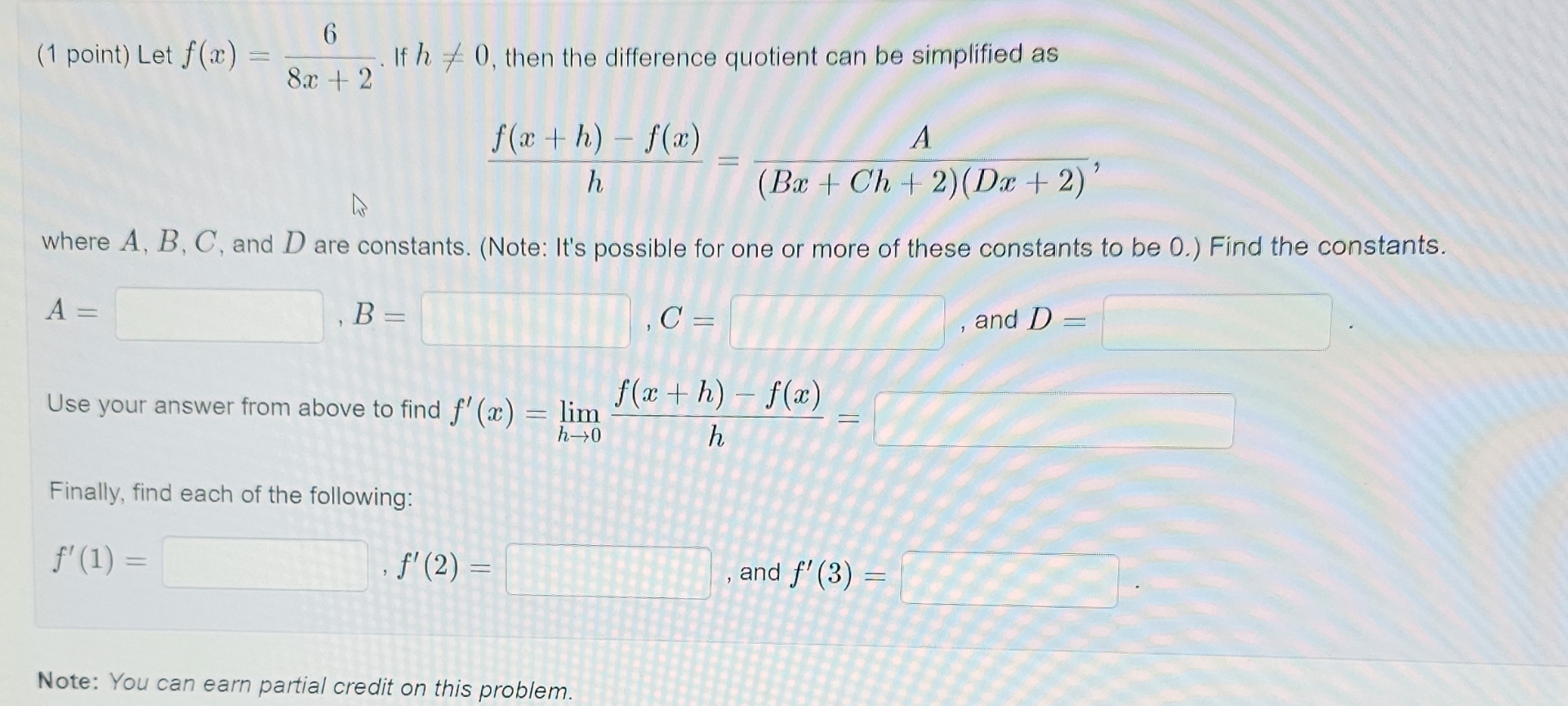 Solved (1 ﻿point) ﻿Let f(x)=68x+2. ﻿If h≠0, ﻿then the | Chegg.com
