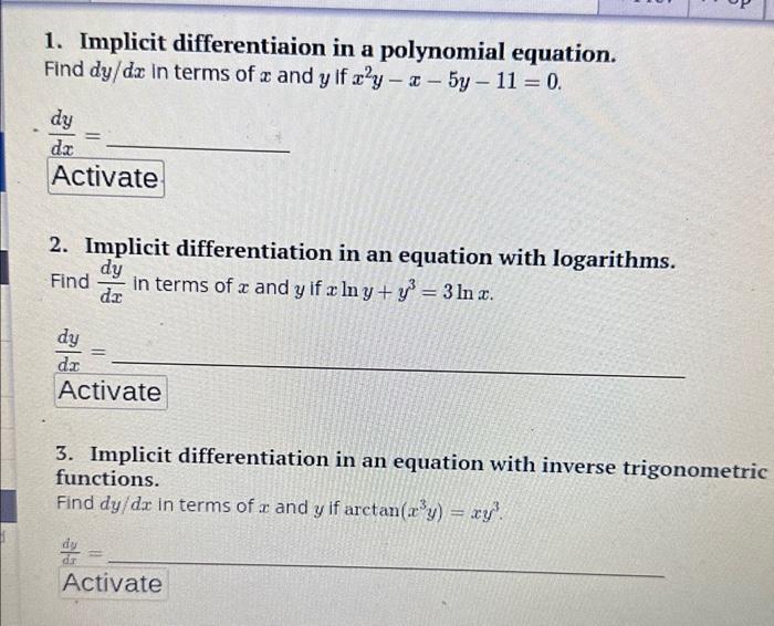 Solved 1. Implicit differentiaion in a polynomial equation. | Chegg.com