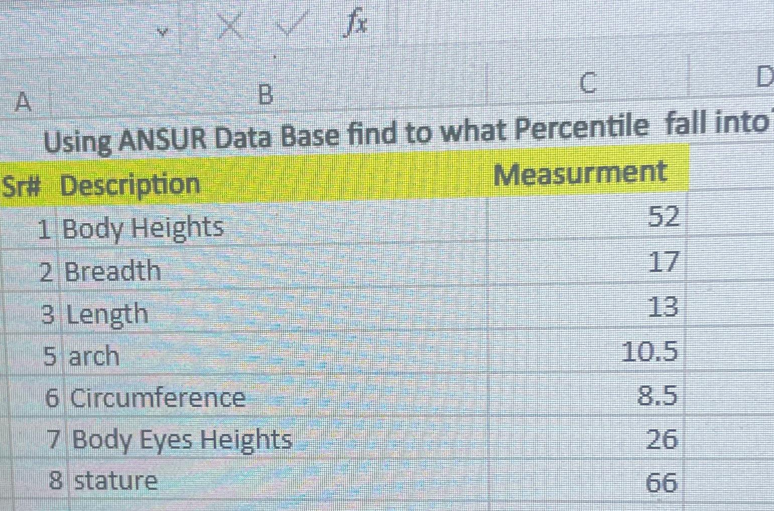 Solved Use the table below (body measurement) ﻿and use ANSUR | Chegg.com